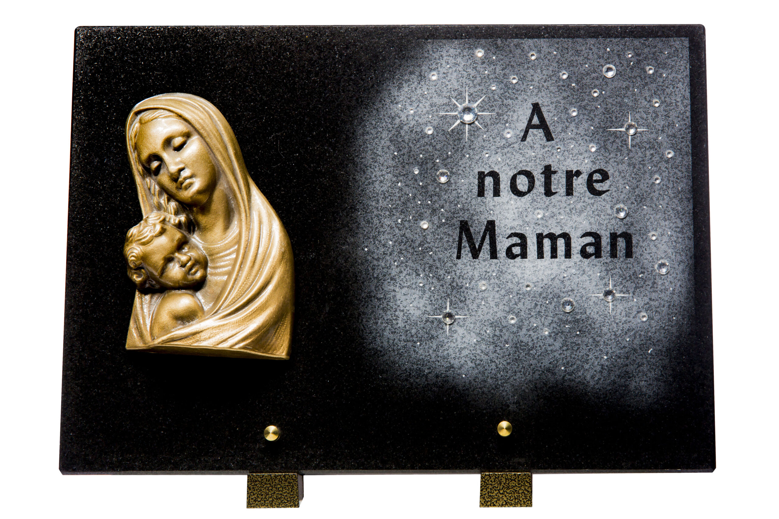 Plaque funéraire personnalisée en granit noir, avec Vierge en bronze et ...